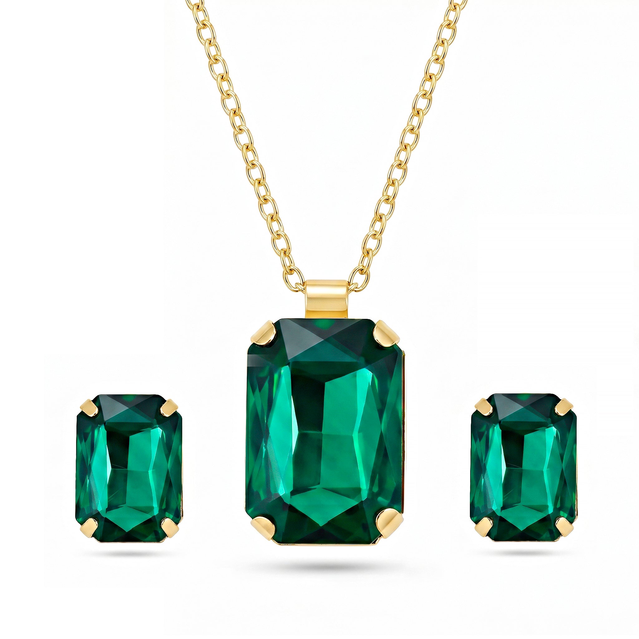 PRAO Necklace Anti-Tarnish Emerald Pendant Set With Earrings