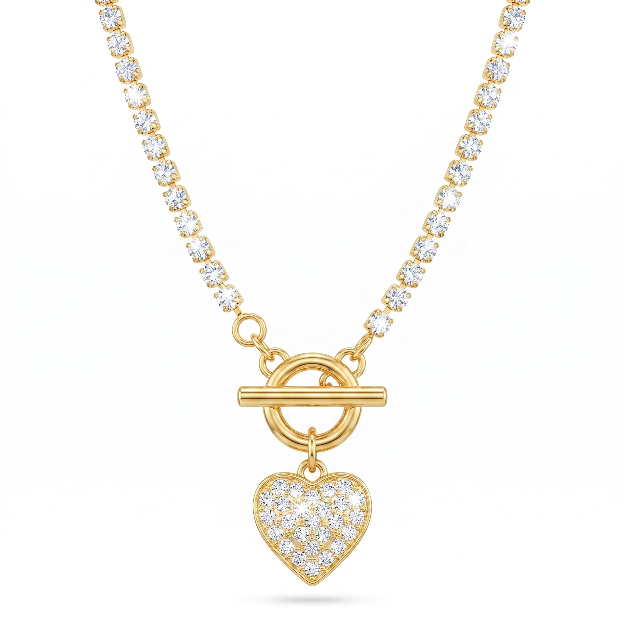 PRAO Necklace Anti-Tarnish AD-Studded Heart Charm with T-Lock