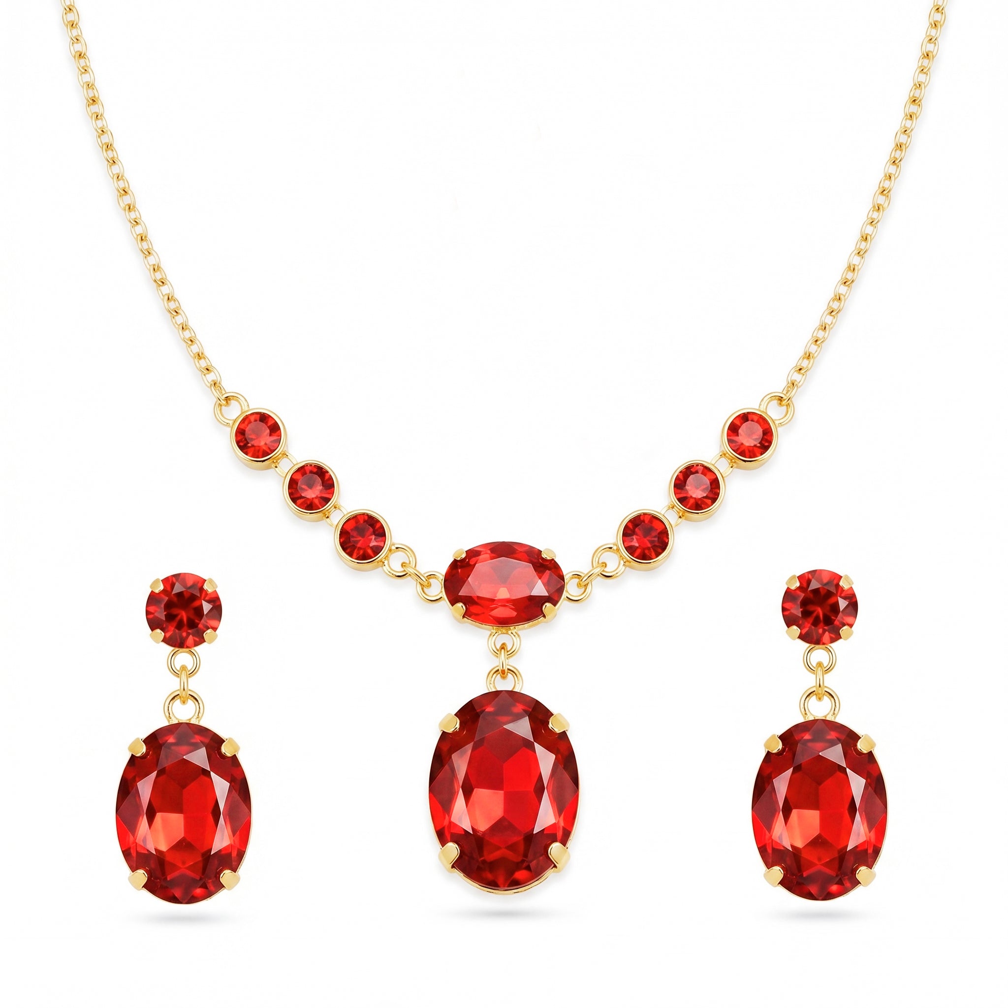 PRAO Necklace Anti-Tarnish Oval Crystal Pendant Set With Earrings