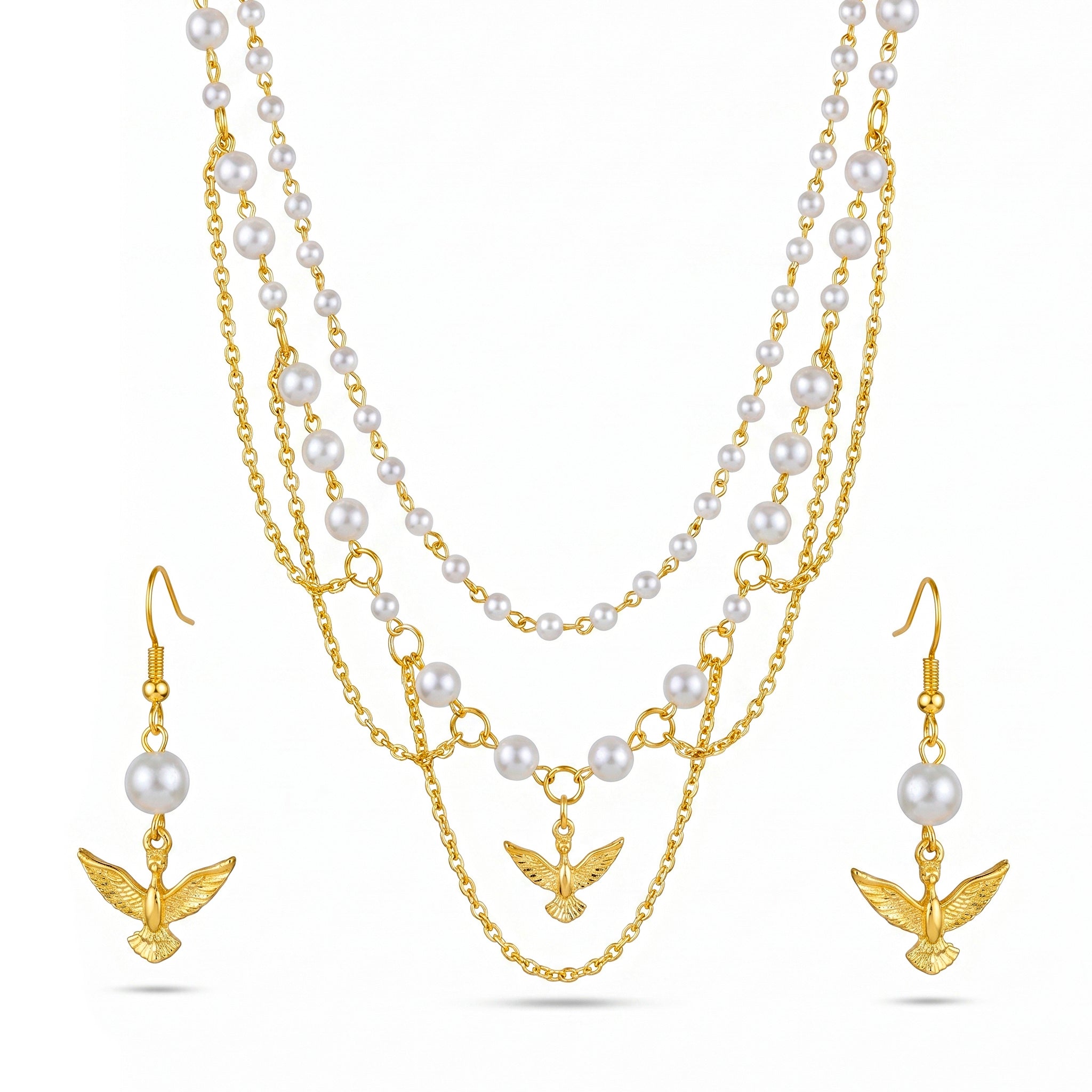 PRAO Necklace Anti-Tarnish Pearls & Bird Set With Earrings