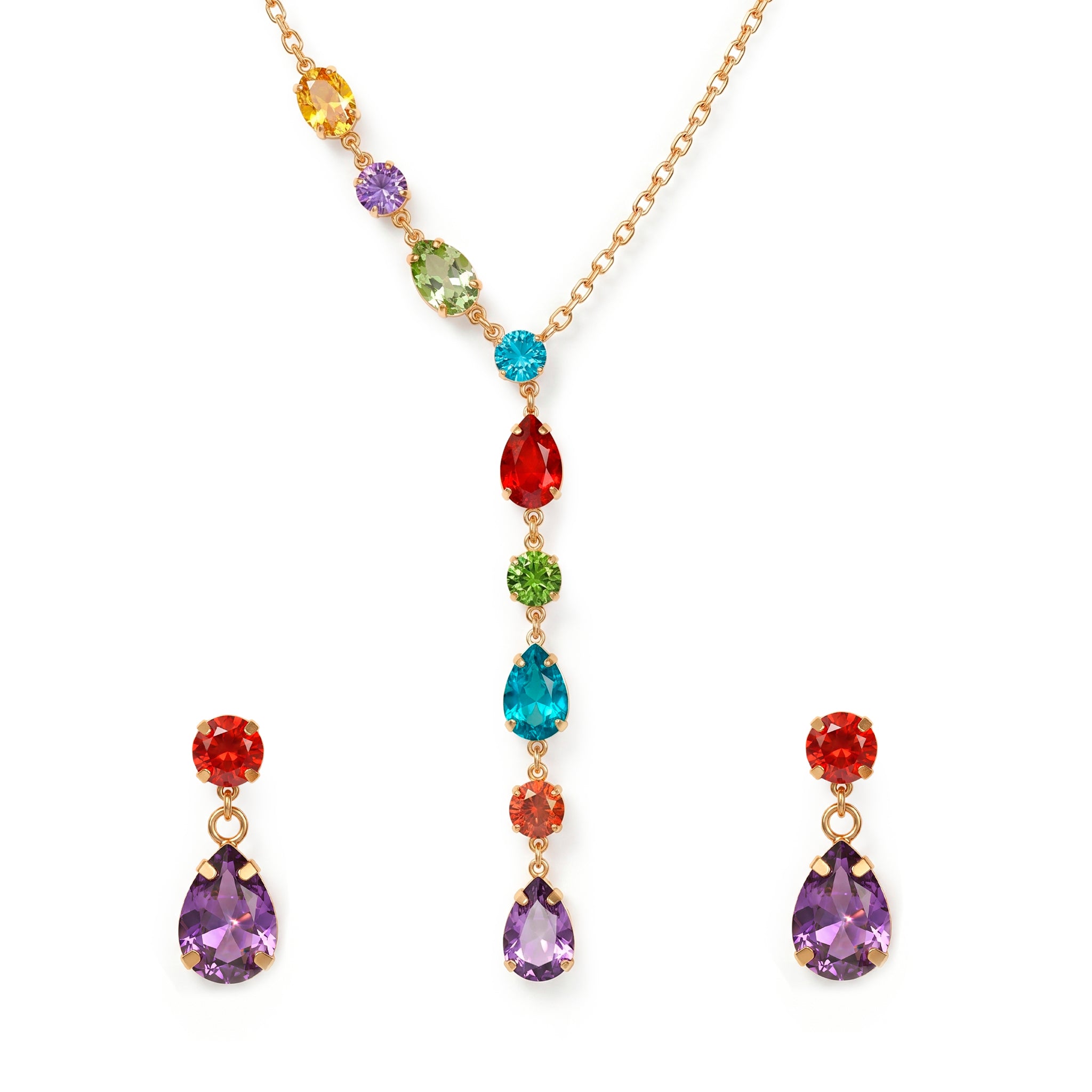 PRAO Necklace Anti-Tarnish Multicoloured Crystals Set With Earrings